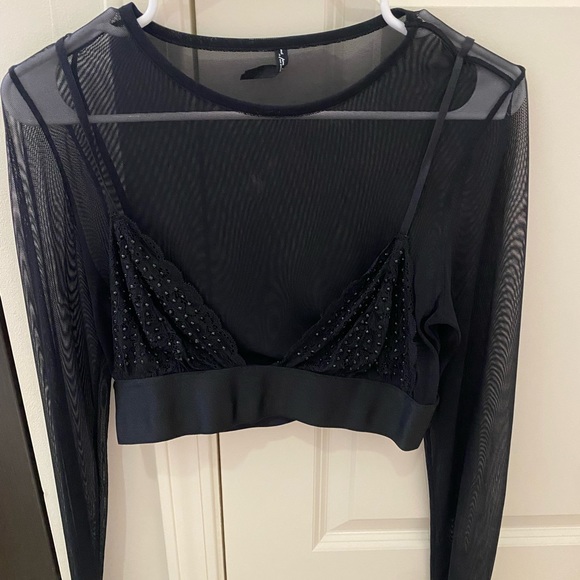 Tops | Black Mesh Crop Top With Sequin Bra Overlay | Poshmark